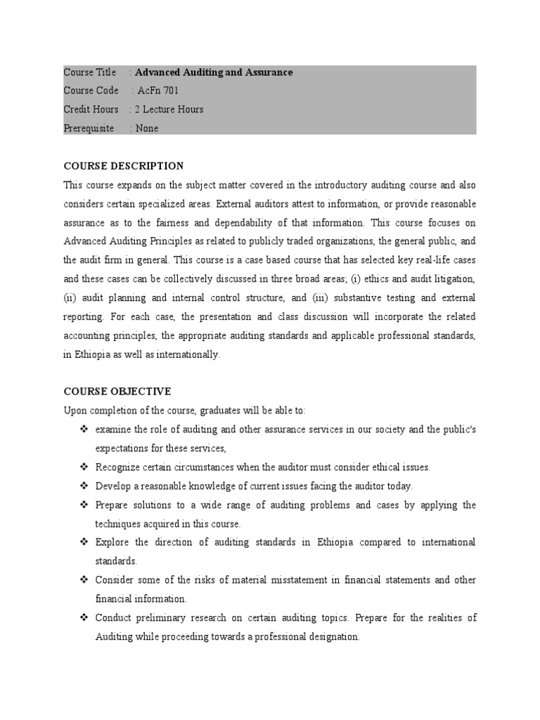 Advanced Auditing and Assurance Cource Outline | PDF | Financial Audit ...