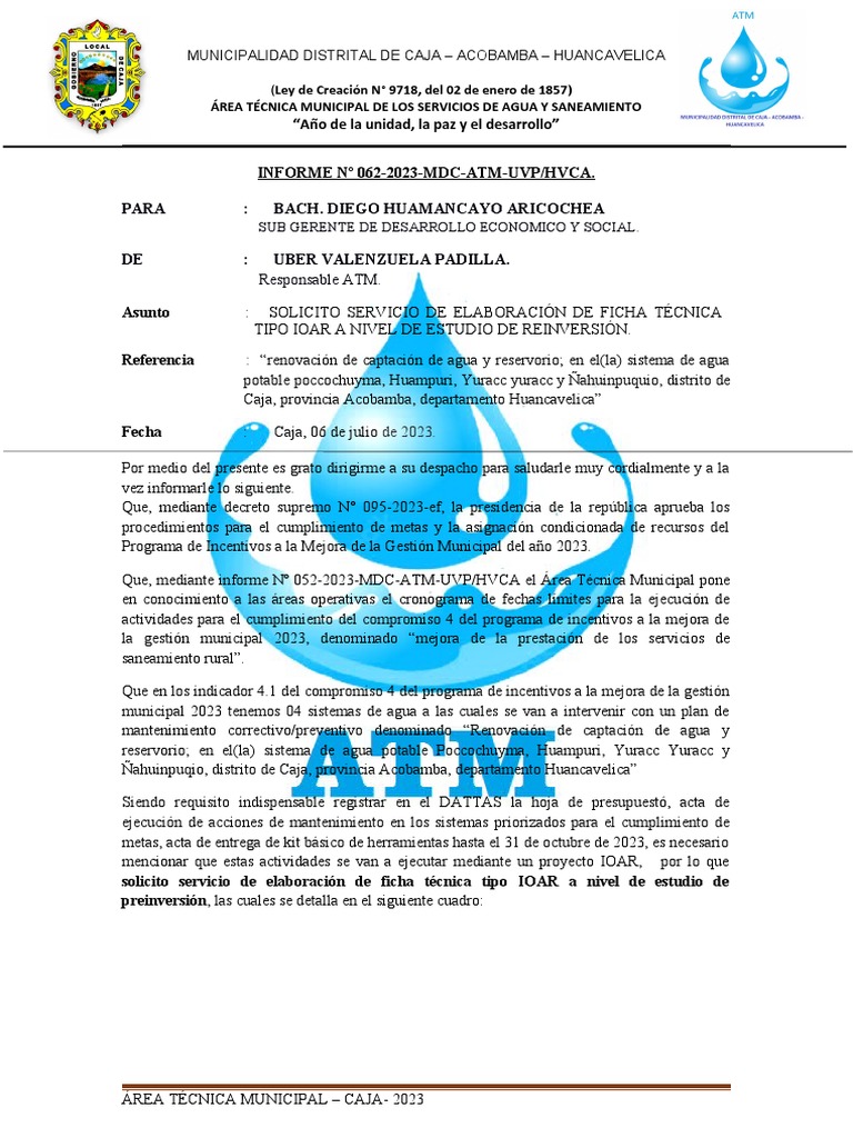 INFORME #062 Solicito Elaboracion de Ficha Tecnica Tipo IOAR | PDF