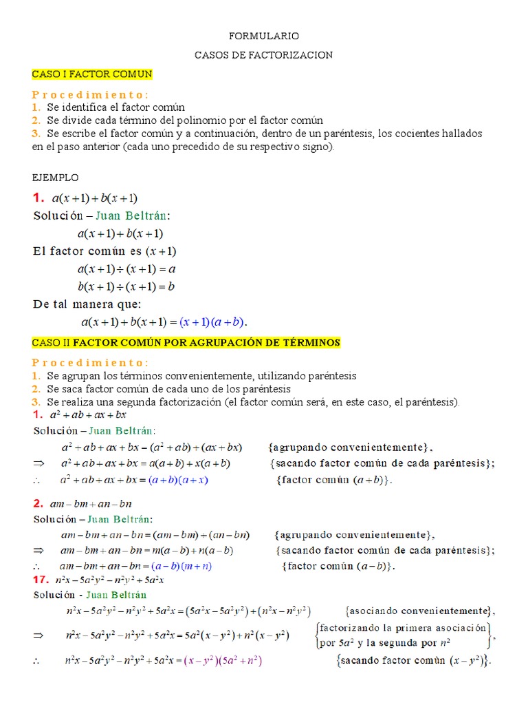 Formulario Factorizacion | PDF | Factorización | Sustracción