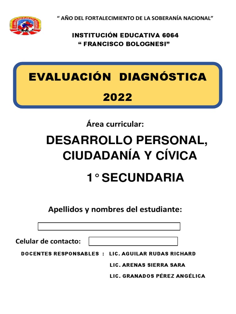 EVALUACIÓN DIAGNOSTICA - 1° SECUNDARIA- 2022 | PDF | Autoestima | Aprendizaje