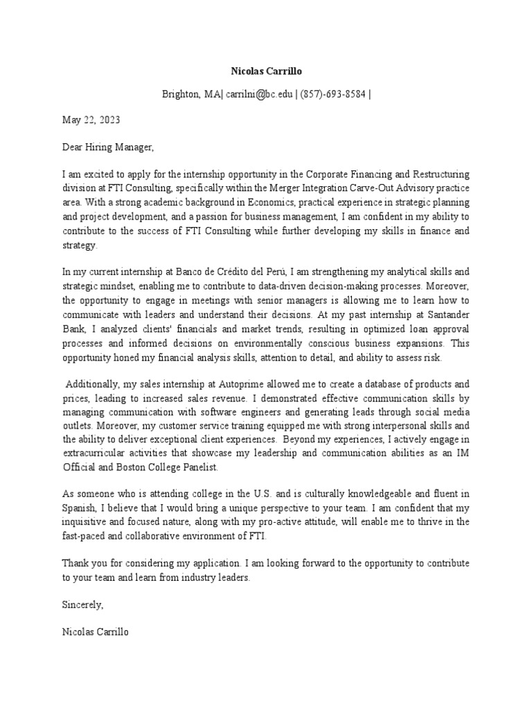 Cover Letter FTI | PDF | Career & Growth | Business