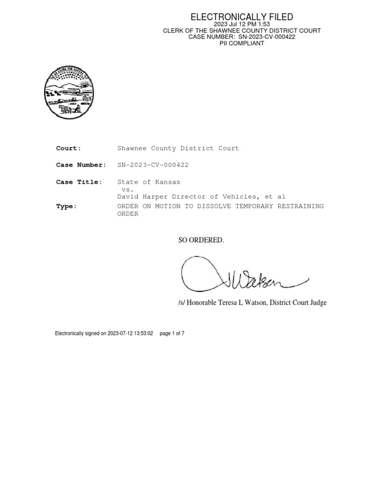 SN-2023-CV-000422 - Order On Motion To Dissolve Temporary Restraining Order TLW. | PDF ...