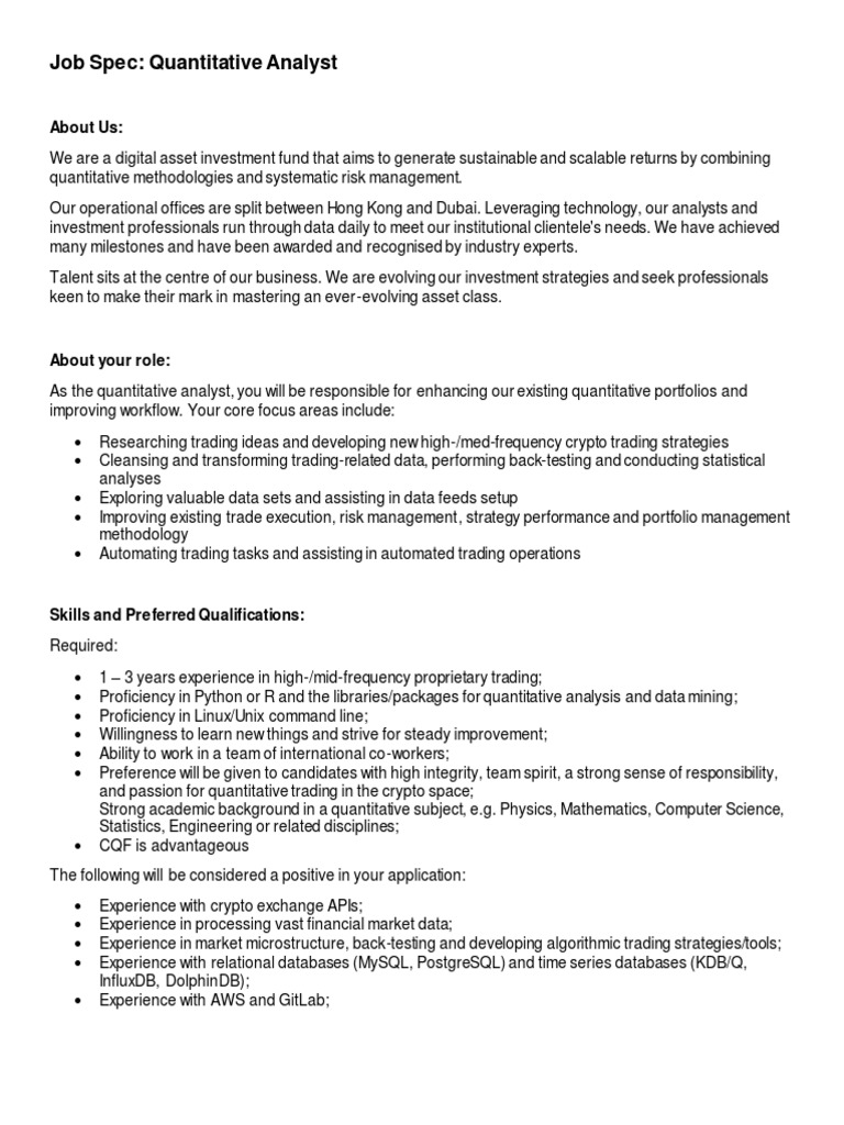 CryptoAMFund - Job Description Quantitative Analyst | PDF | Quantitative Research | Financial ...