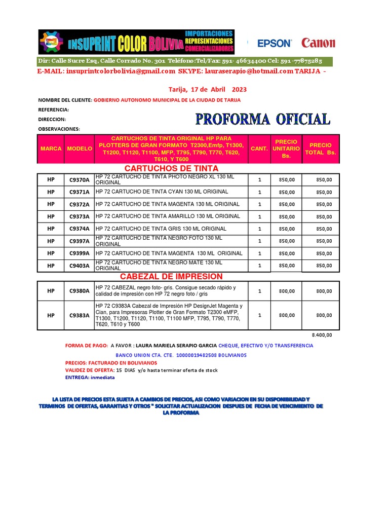 Proforma Gobierno Municipal de Tarija 18042023 | PDF | Tinta | Implementos de escritura