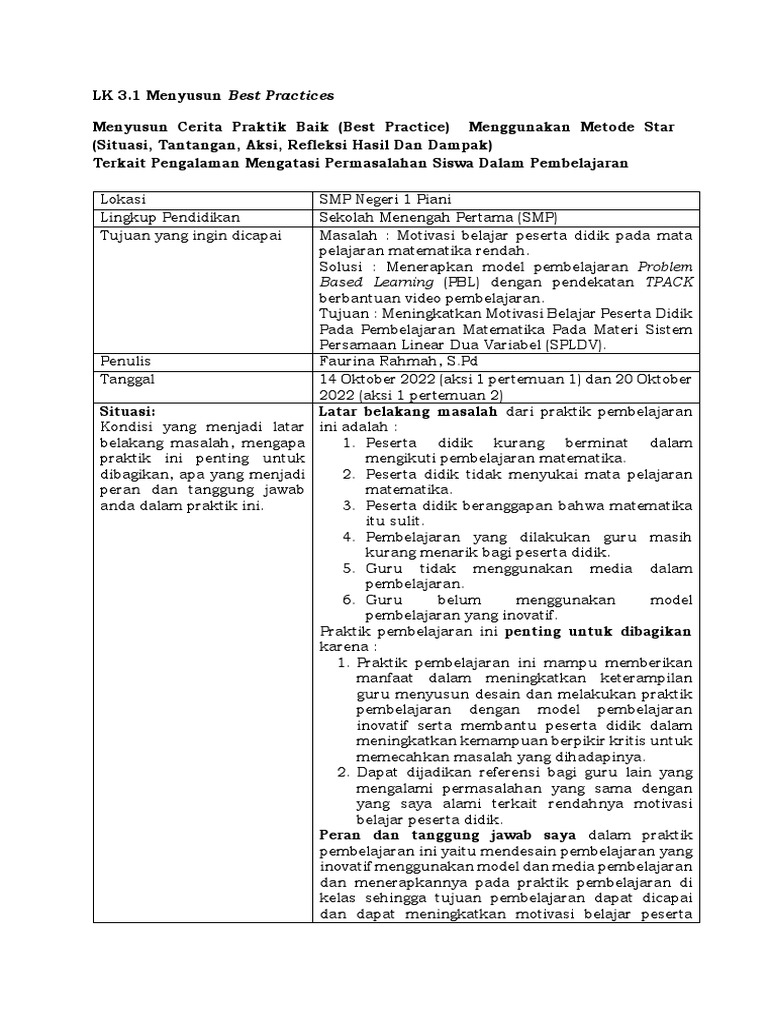 LK 3.1 Menyusun Best Practices (AKSI 1) FIX | PDF