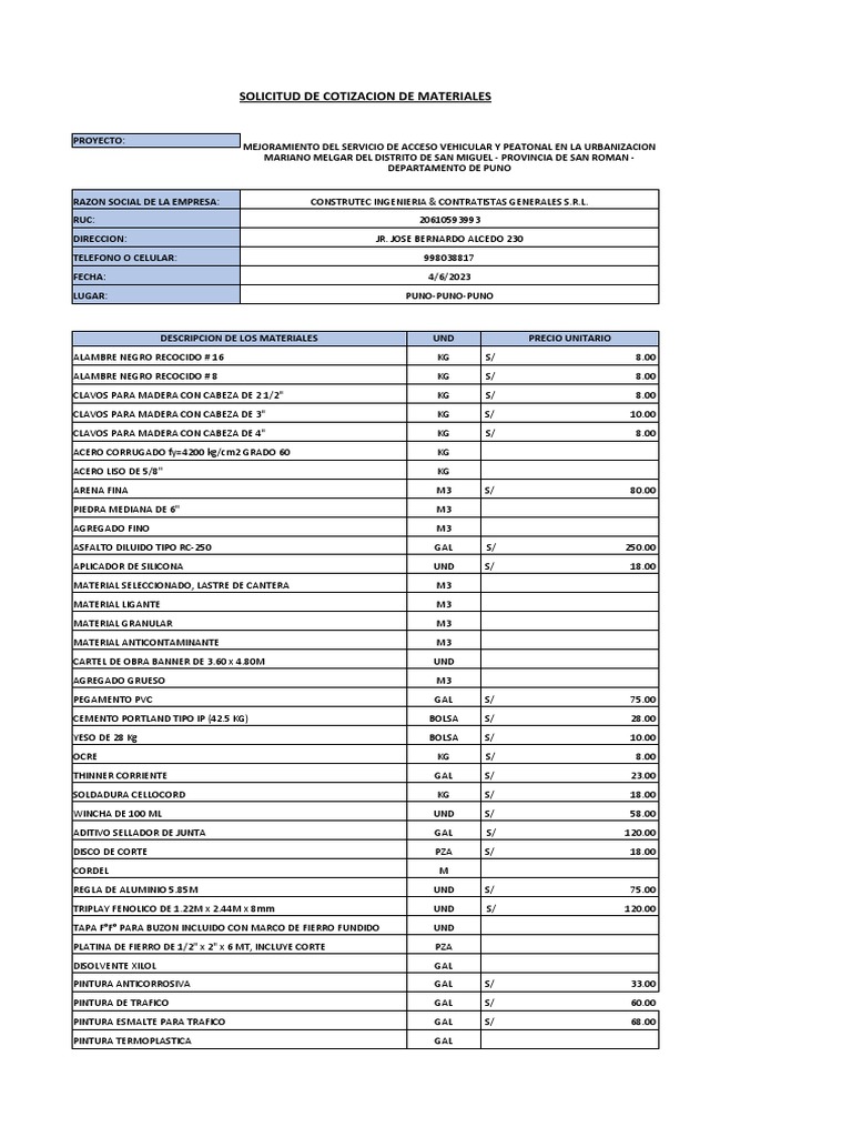 Cotizacion de Materiales | Descargar gratis PDF | Procesos industriales | Materiales