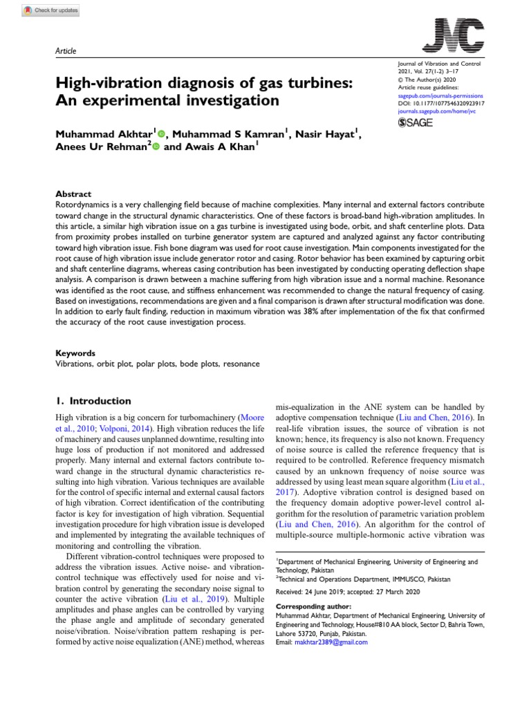 Akhtar Et Al 2020 High Vibration Diagnosis of Gas Turbines An Experimental Investigation | PDF ...