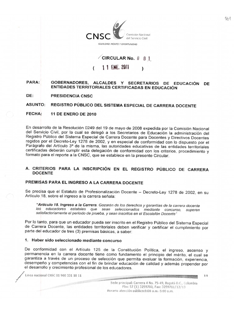 2011 Circular 001 REPORTE CNSC | PDF