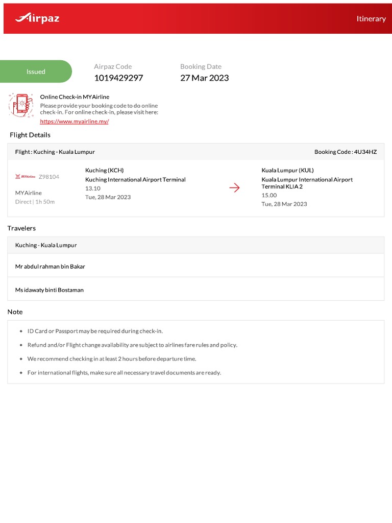 Airpaz - Flight - Itinerary - 1019429297 2 | PDF