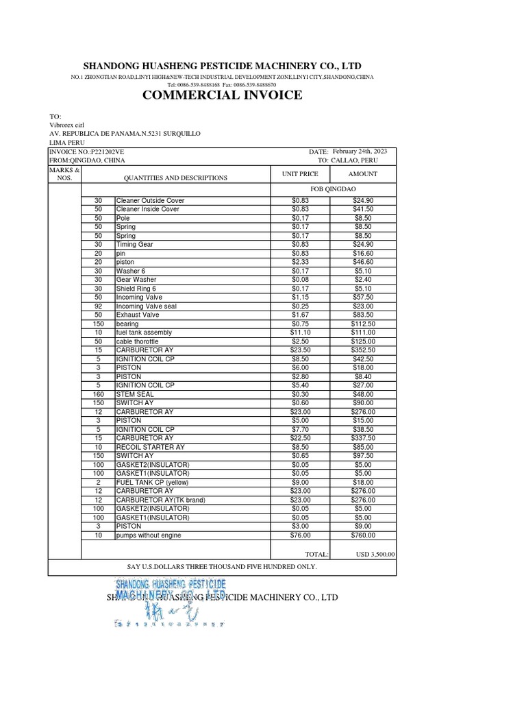 Huasheng Invoice 2 | PDF | Carburetor | Mechanical Engineering