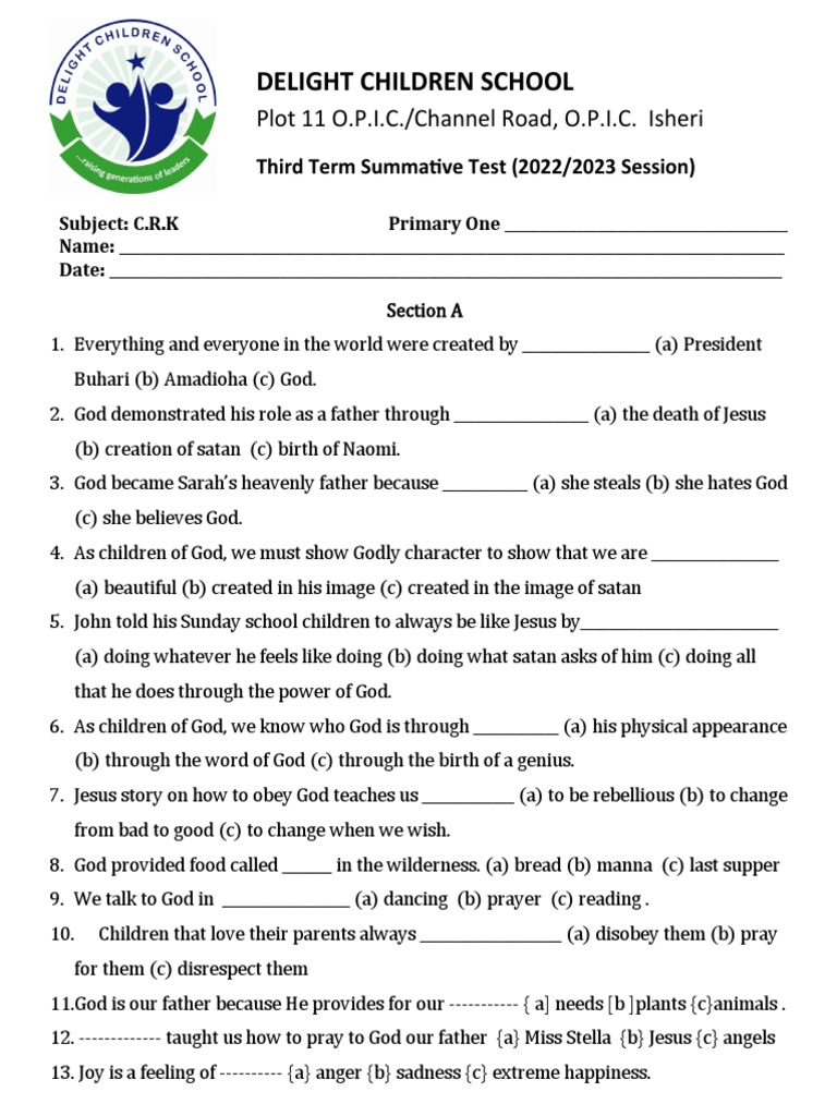 Grade 1 3RD Term Test For 2023 | PDF | Soil | Elijah