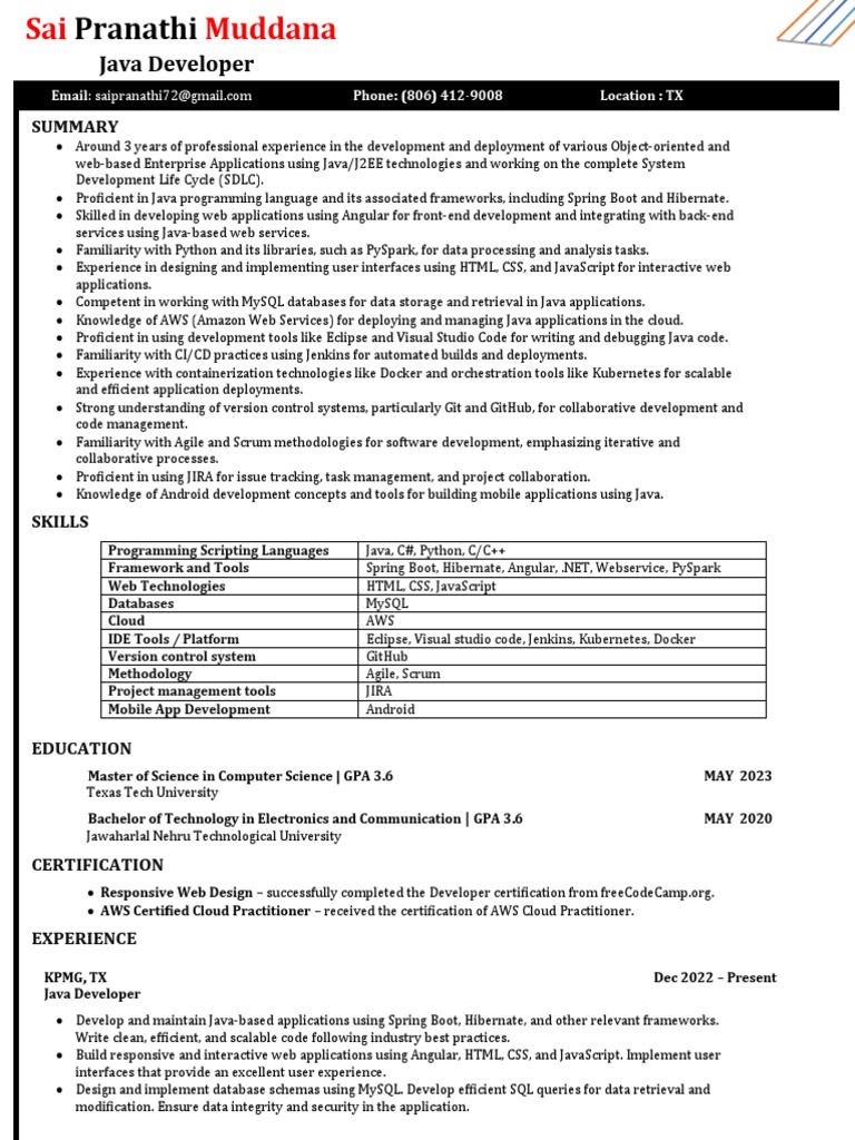 Updated SaiPranathiMuddana JavaDeveloper | PDF | Amazon Web Services | Eclipse (Software)