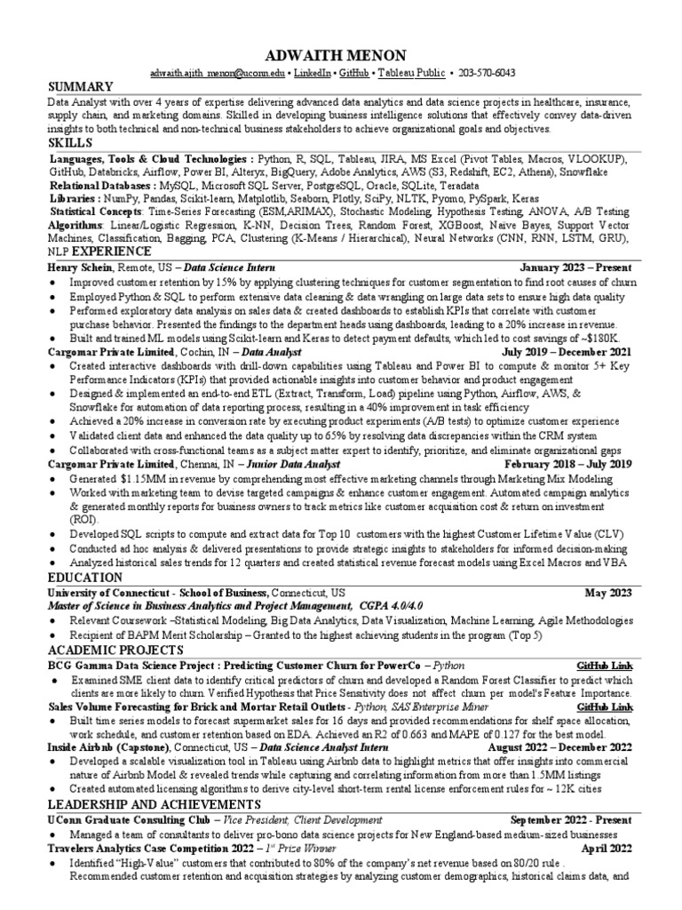 Adwaith Menon Resume 1 | PDF | Analytics | Data Analysis