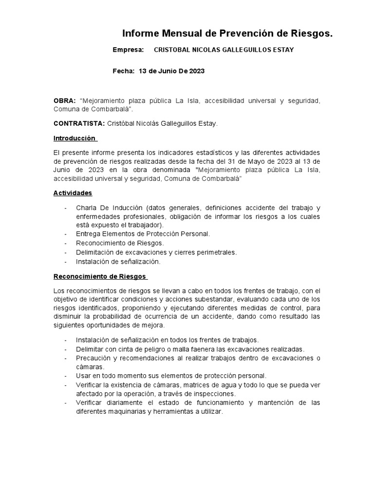 Modelo De Informe Mensual Prevencion De Riesgos 13 Tr Pdf Higiene