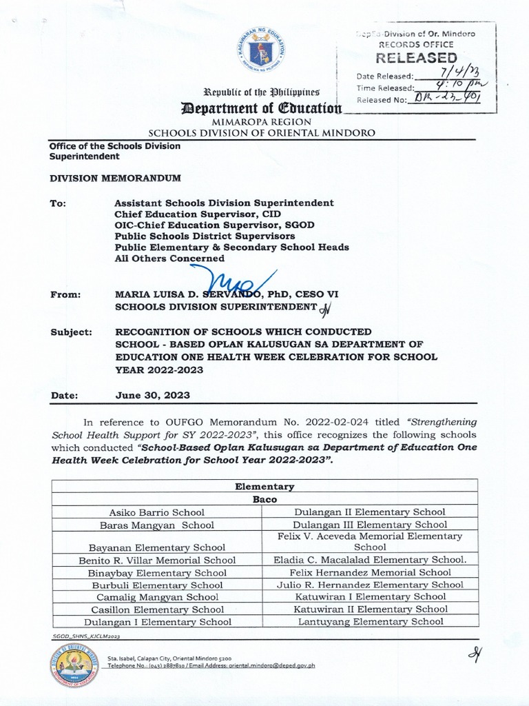 DM Recognition of Schools Which Conducted School Based Oplan Kalusugan ...
