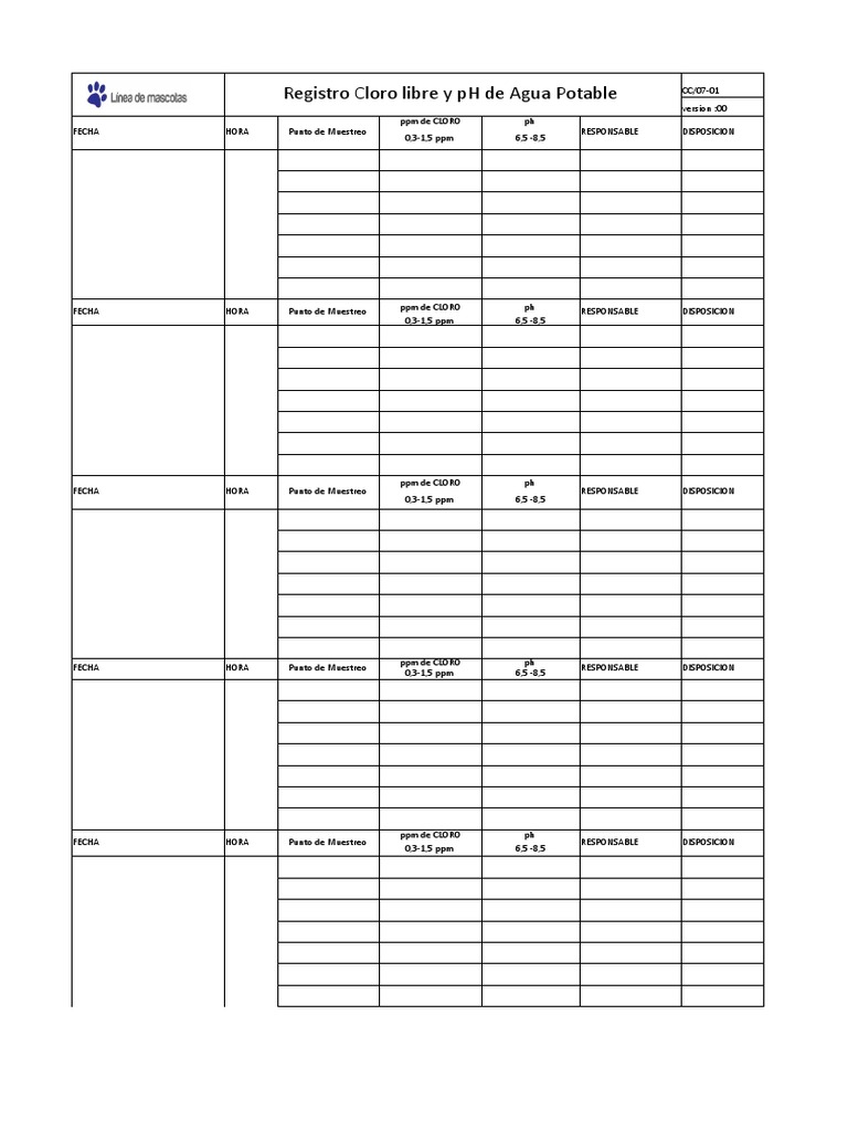 CC-07-01 REGISTRO CL LIBRE Y PH DE AGUA POTABLE | PDF