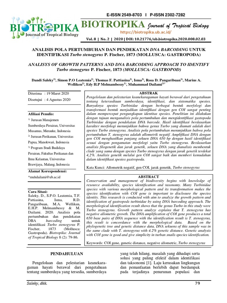 Jurnal Analisis Pola Pertumbuhan Dan Pendekatan DNA Barcoding Untuk Identifikasi Turbo ...