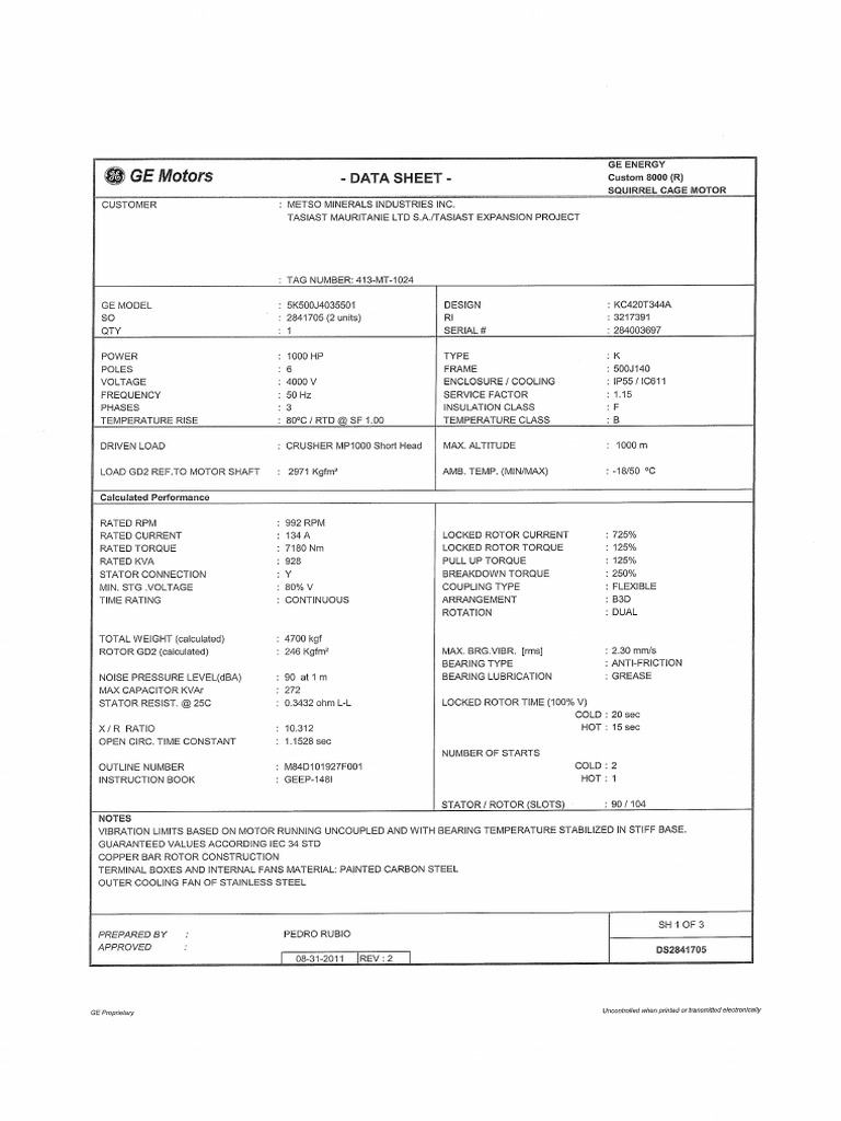 GE Motors 1000HP - Motor Data Sheet | PDF