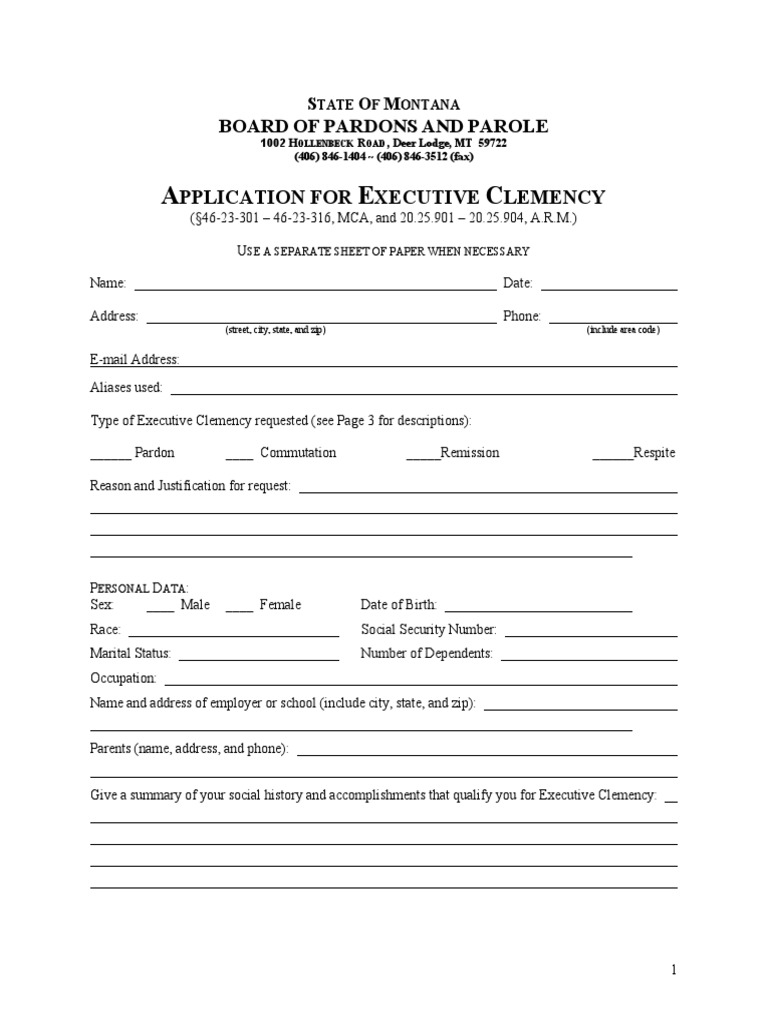 State of Montana Application For Executive Clemency | Download Free PDF ...