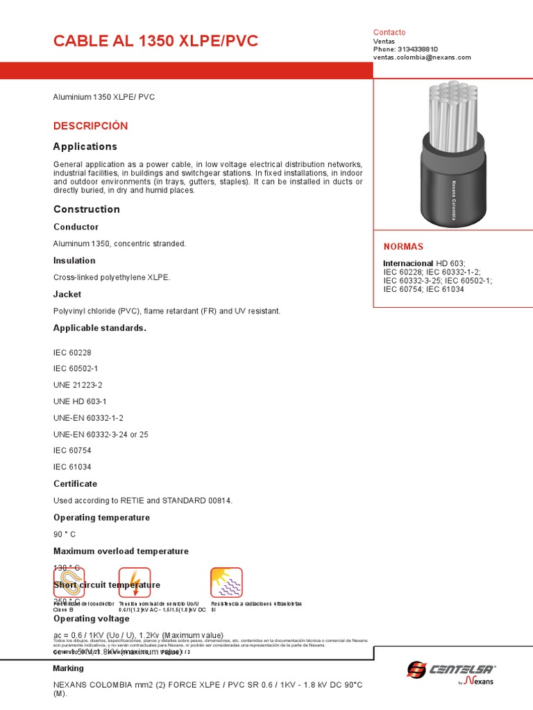 Cable Al 1350 XLPE/PVC Especificaciones | PDF | Ingenieria Eléctrica ...