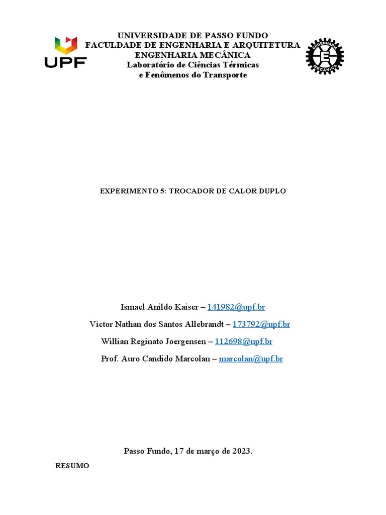 Experimento 5 - Trocador de Calor Duplo Tubo | PDF | Alternador de energia elétrica | Calor