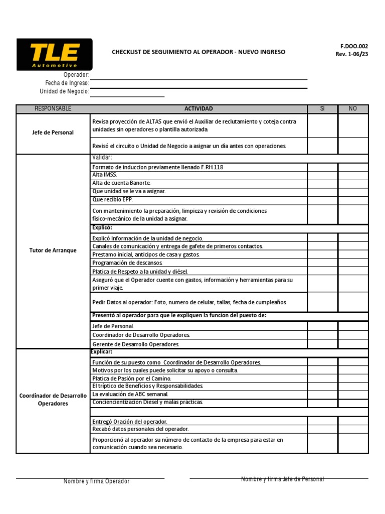 Checklist Inducción Operador Nuevo | PDF
