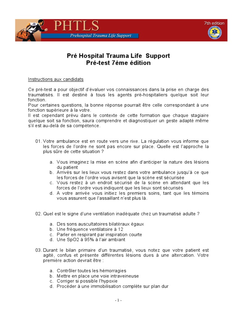 Pre Test PHTLS | PDF | Brûlure | Respiration