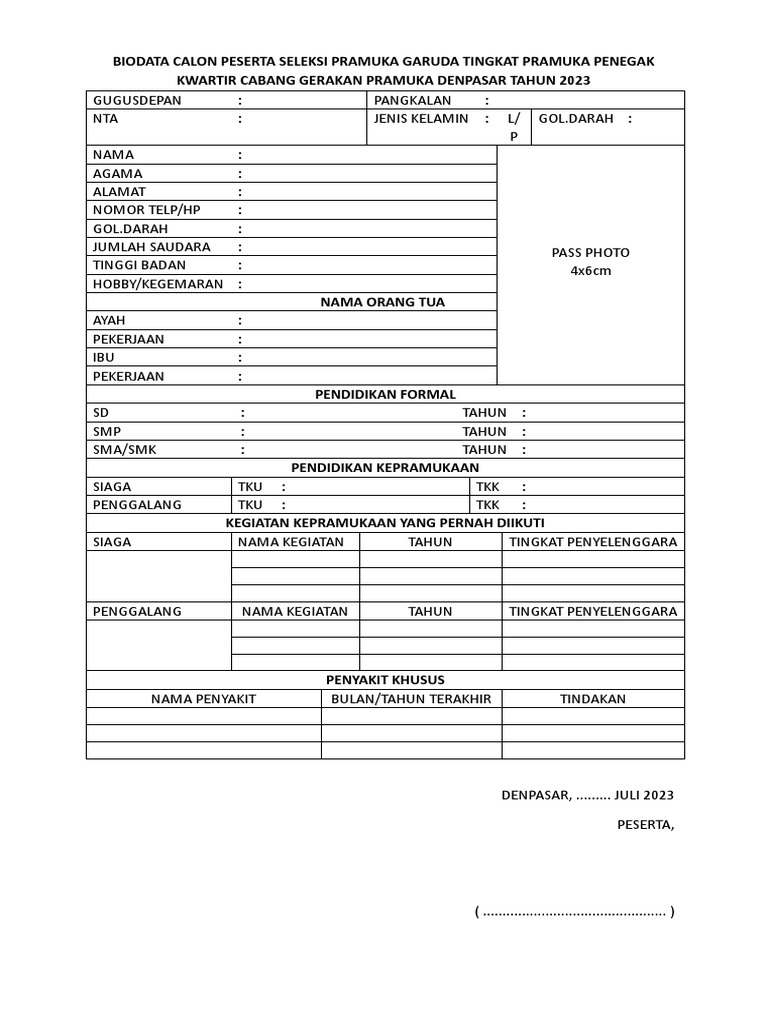 Biodata Calon Peserta Seleksi Pramuka Garuda Tingkat Pramuka Penegak | PDF