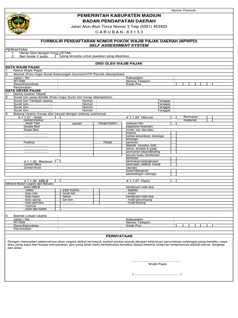 Formulir-Pendaftaran-Wajib-Pajak-Daerah-Npwpd | PDF