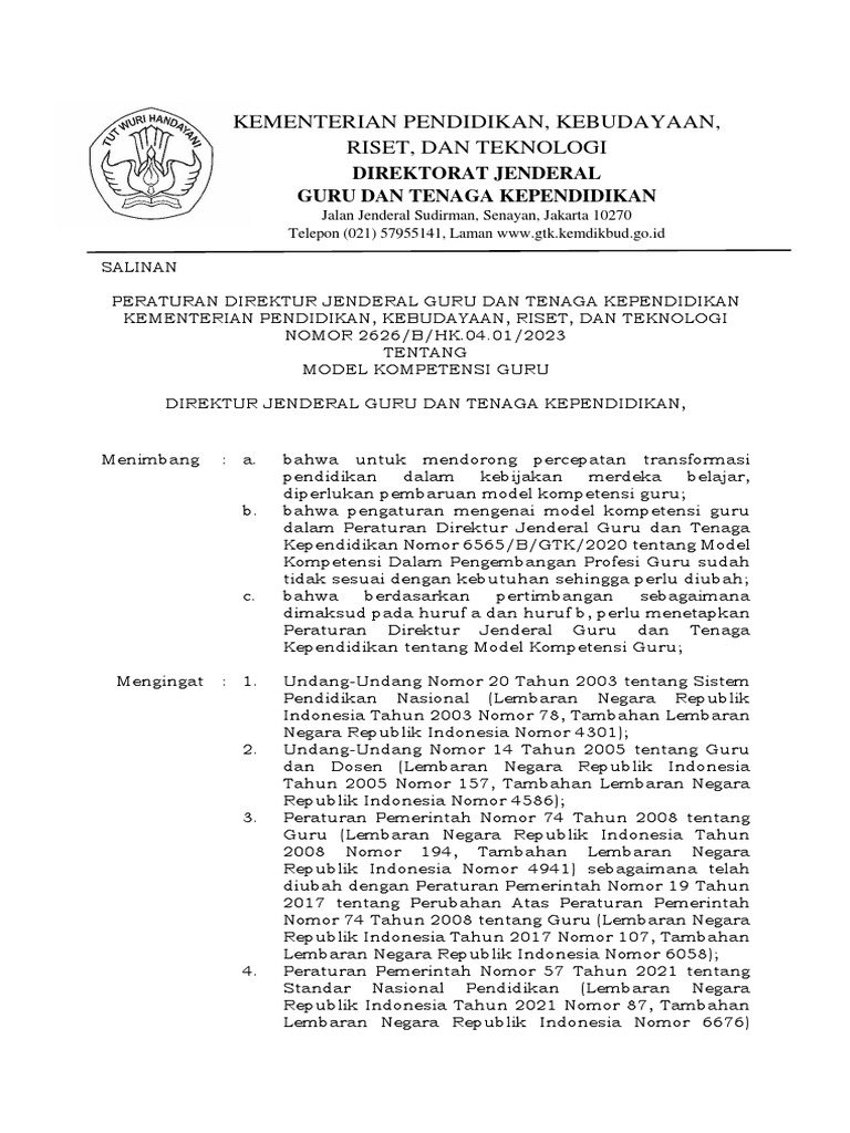 Perdirjen GTK Model - Kompetensi - Guru - 2626-th 2023 | PDF