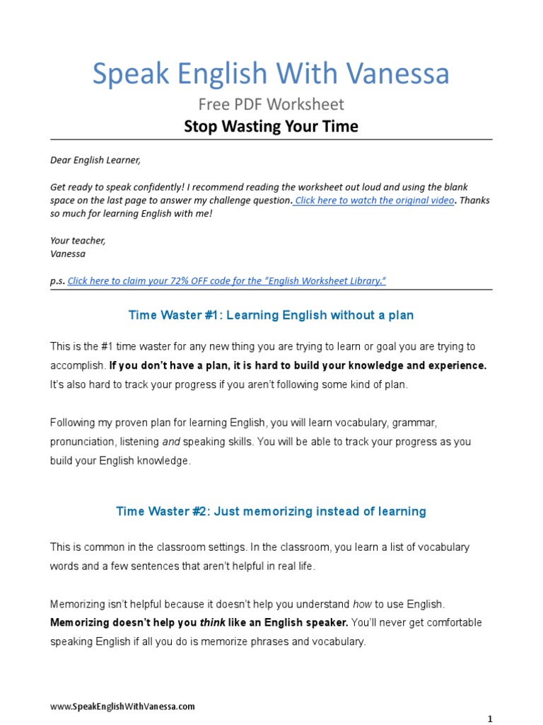 Stop Wasting Time Speak English With Vanessa | PDF | Vocabulary ...