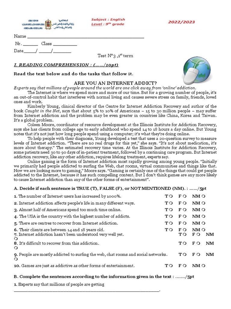 The Internet Test 9th Grade A2b1 Tests - 105573 | PDF | Internet | Facebook