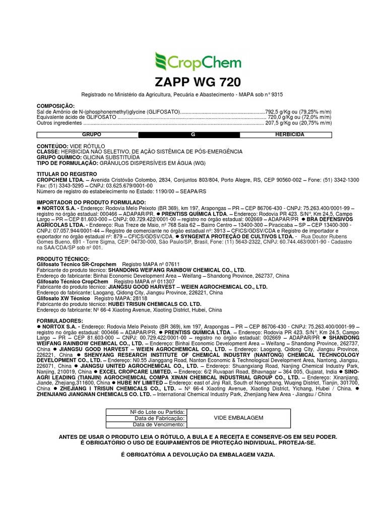 Bula ZAPP WG 720 | Download grátis PDF | Agricultura