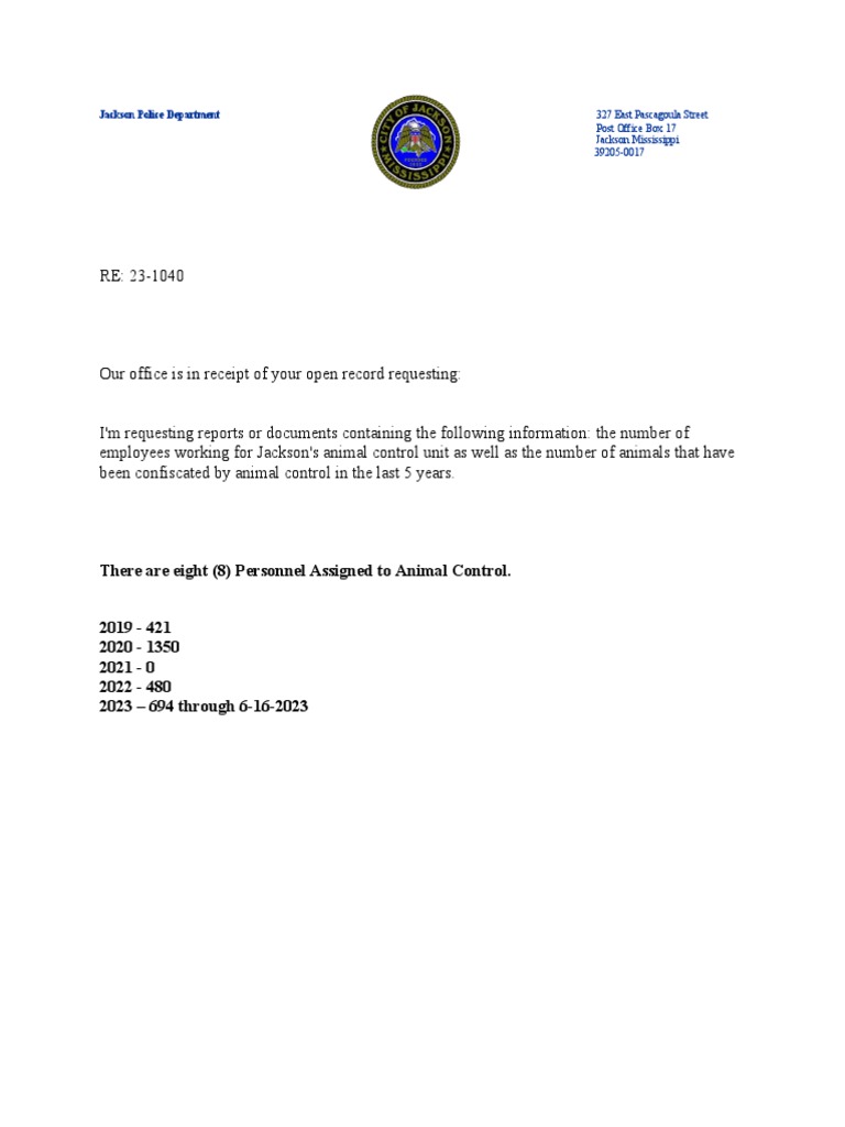 Jackson Animal Control Records Summary | PDF