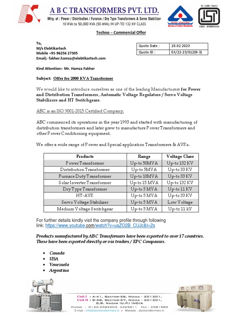 Revised Offer For 2 MVA Transformer (R-3) | PDF | Transformer ...