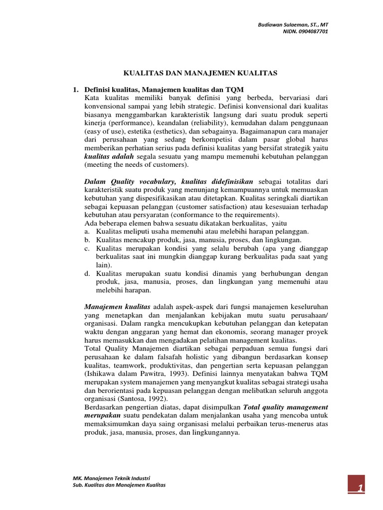KUALITAS DAN MANAJEMEN KUALITAS 2023 (Plus TUGAS INDIVIDU) | PDF