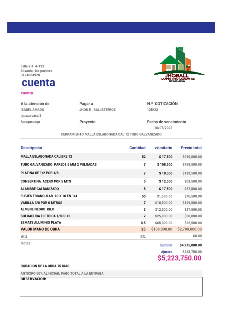 Cotizacion Cerramiento Isabel Amado | PDF