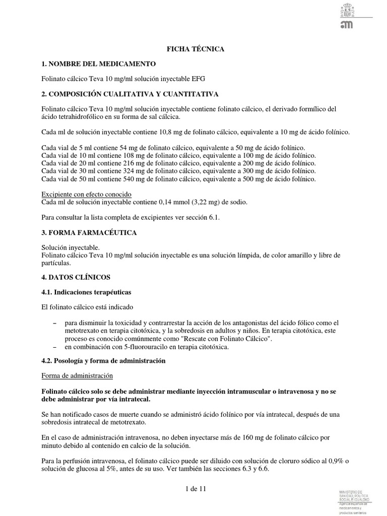 Folinato Cálcico: Ficha Técnica y Dosis | PDF | Drogas | Farmacia