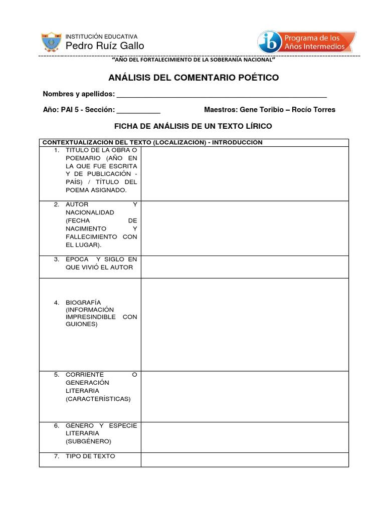 Pai 5 Ficha de Análisis Del Texto Poético - Esquema | PDF | Poesía