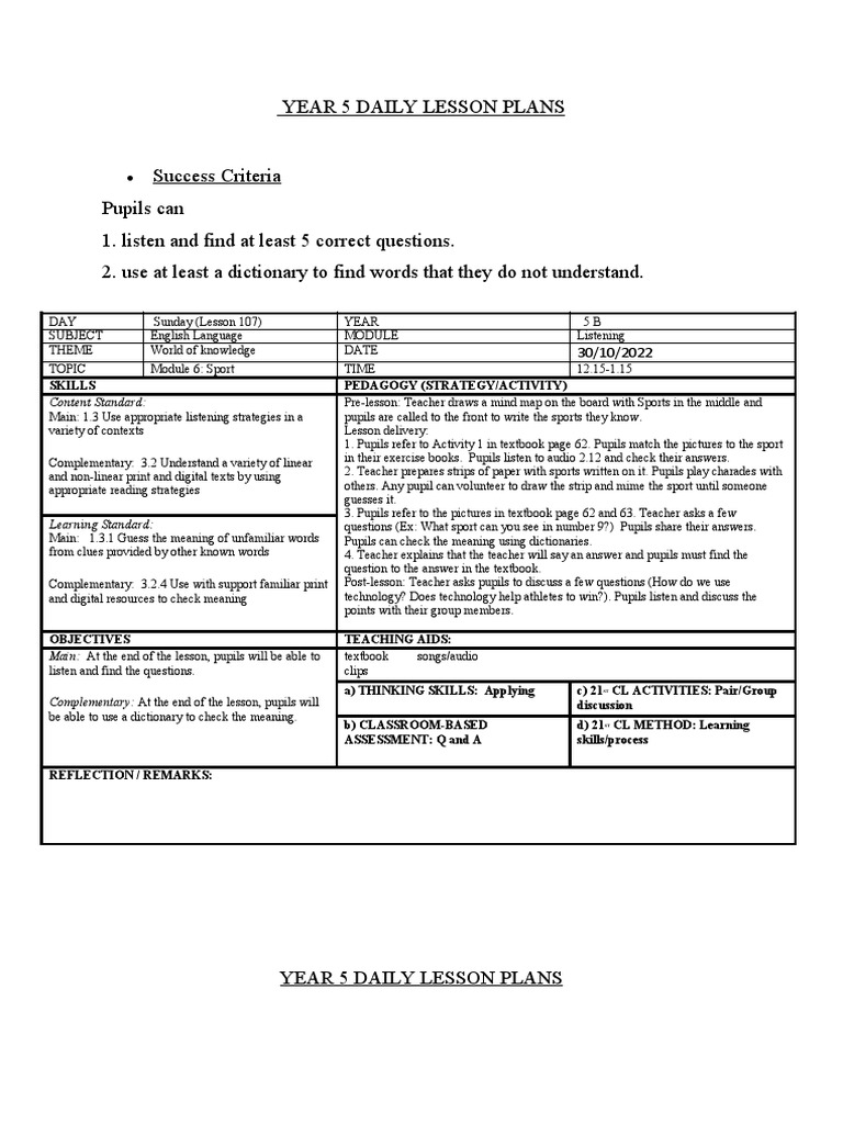 Year 5 Daily Lesson Plan 31 | PDF | Lesson Plan | Teachers