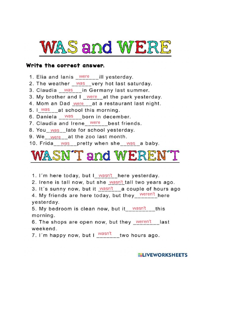 WAS AND WERE EXERCISES Print | PDF
