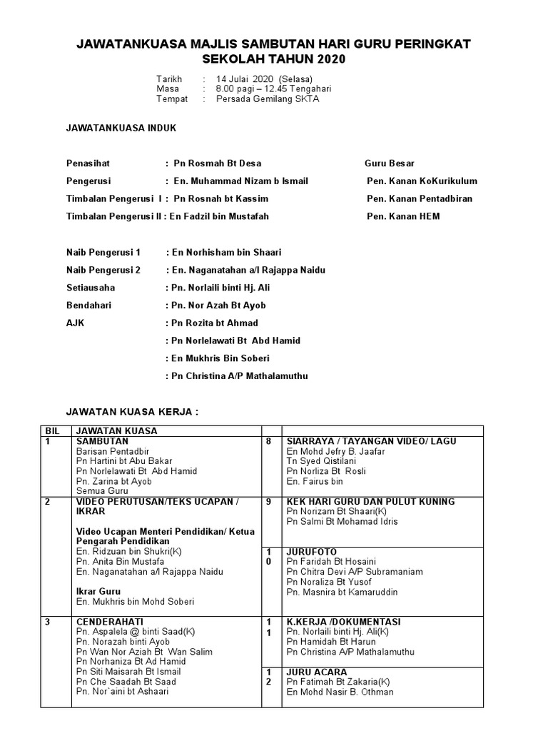 Jawatankuasa Majlis Sambutan Hari Guru Peringkat Sekolah Tahun 2020 | PDF