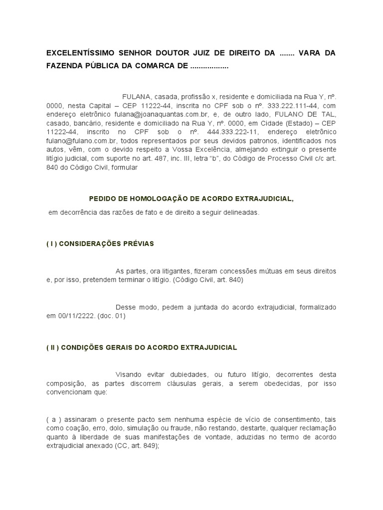 Petição de Juntada de Termo de Acordo Extrajudicial Novo CPC | PDF ...