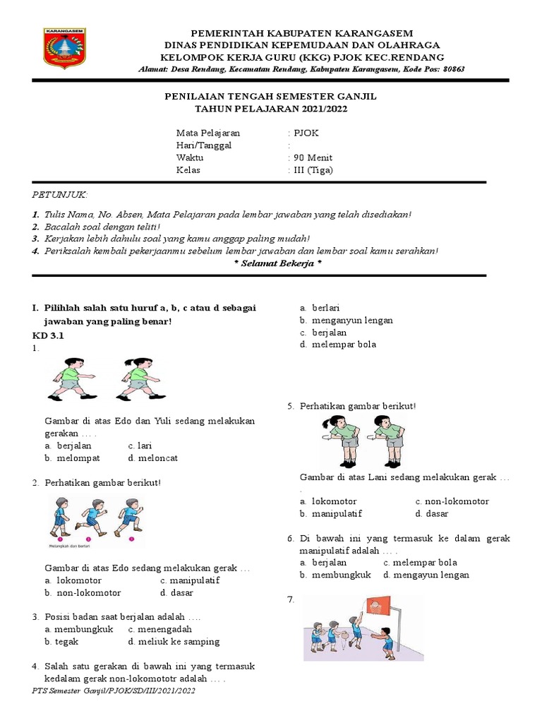 Soal PTS PJOK Kelas 3 Semester I 2021-2022 | PDF