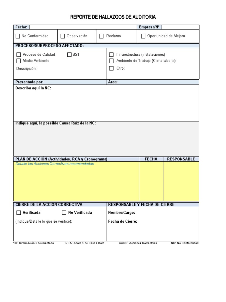 Formato Reporte de Hallazgos de Auditoria | PDF | Finanzas y dinero ...