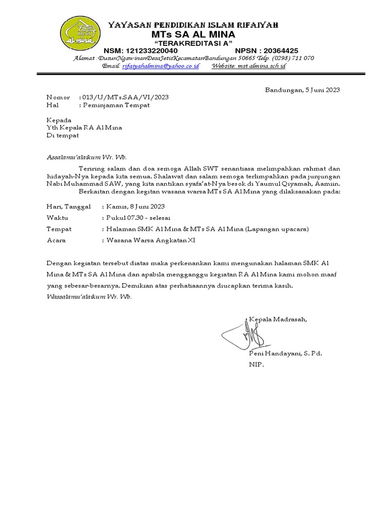 Surat Undangan Wasana Warsa (Pinjem Tempat 2023 RA) | PDF