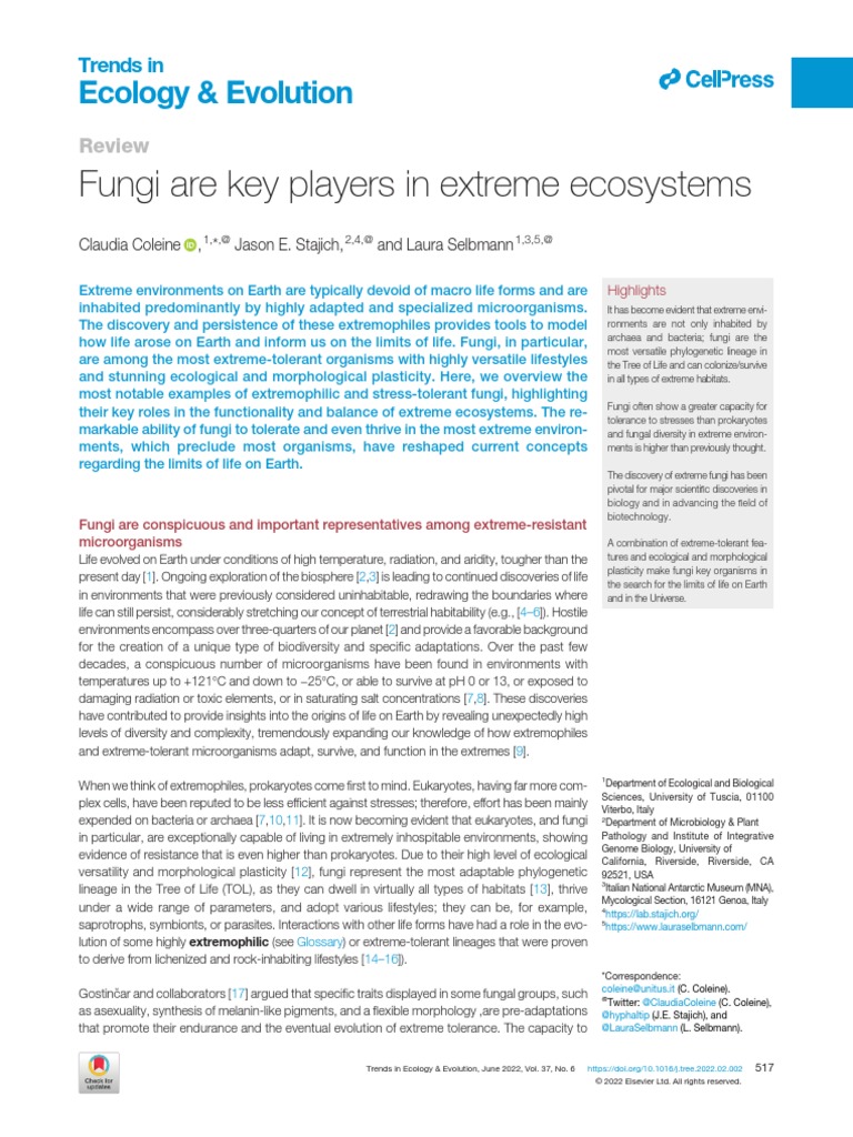 Fungi Are Key Players in Extreme Ecosystems: Ecology & Evolution | PDF ...