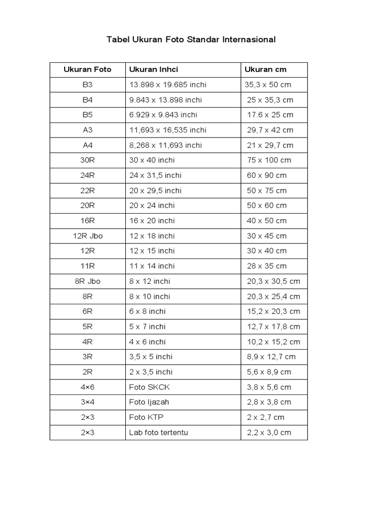 Tabel Ukuran Foto Standar Internasional | PDF