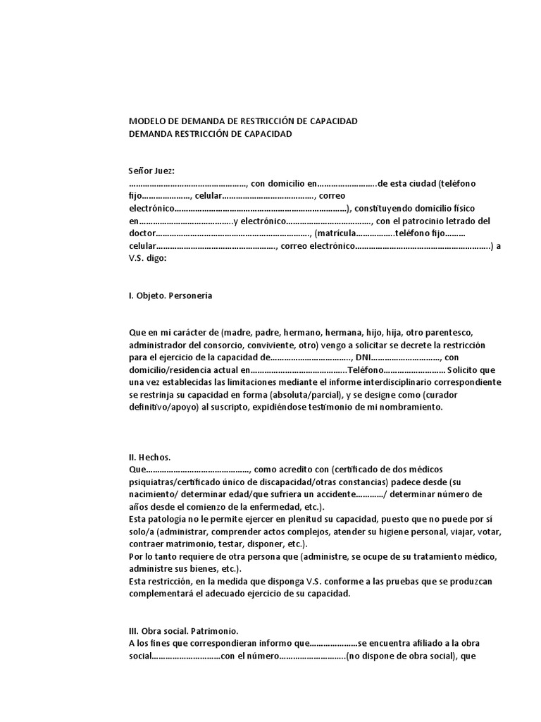 MODELO DE DEMANDA DE RESTRICCIÓN DE CAPACIDAD | PDF | Guardián legal ...