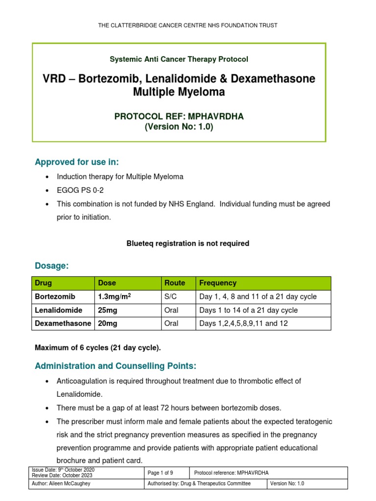 VRD Bortezomib Lenalidomide Dexamethasone Multiple Myeloma Protocol V1.0 | PDF | Dose ...